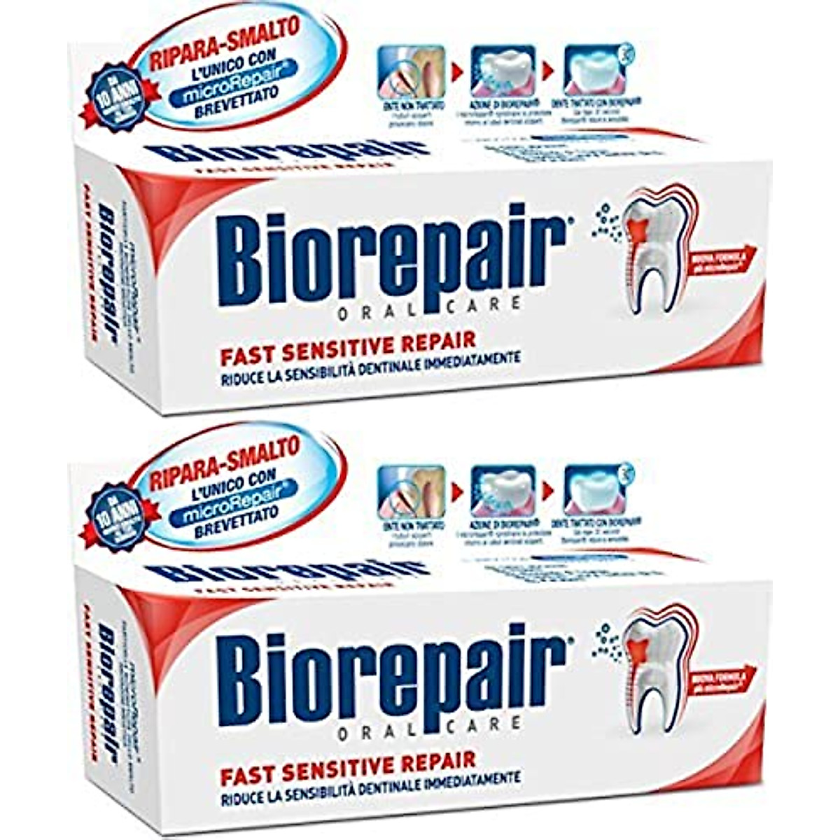 Biorepair: "Fast Sensitive Repair" Toothpaste with microRepair, New Formula - 2.5 Fluid Ounce (75ml) Tubes (Pack of 2) [ Italian Import ]