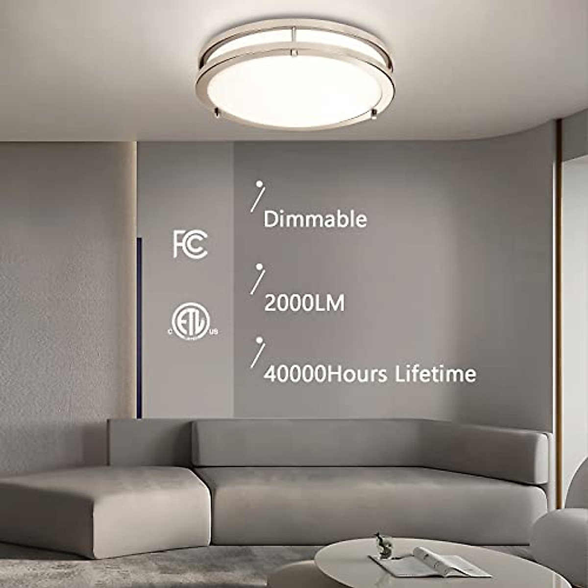Aulwoouu 36W LED Ceiling Light Fixture, 13in Brushed Nickel Light Fixtures Ceiling Mount, Flush Mount, Dimmable Super Bright 2000 Lumens, 5000K Daylight White Ceiling Lamp for Bedroom, Bathroom etc