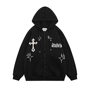 Bopoft Y2k Hoodie Zip Up Men Women Fashion Cross Graphic Long Sleeve Y2k Goth Clothing Aesthetic Sweatshirt Streetwear Jacket Black L
