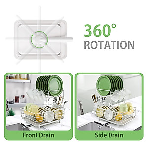 ideaglass Dish Drying Rack with Drainboard - 2 Tier Dish Racks for Kitchen Counter, Dish Drain Large, Stainless Steel Dish Strainer Set, White