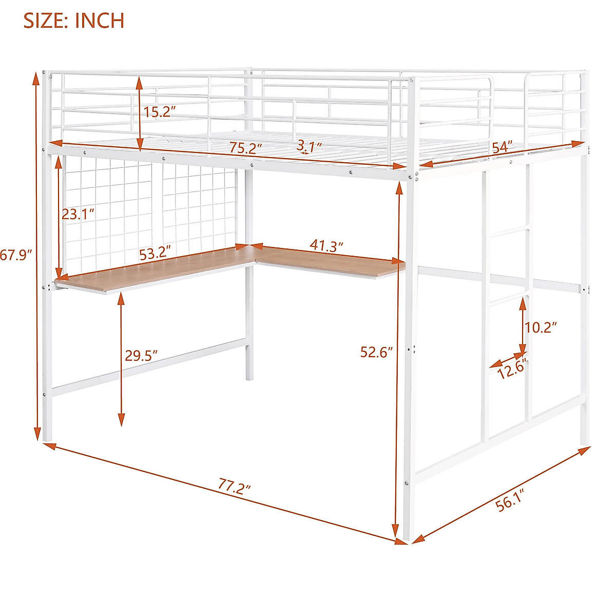 BIADNBZ Metal Loft Bed Full Size, High LoftBed Frame with L-Shaped Desk and Grid for Kids Adults, Full-Length Guardrail & Side Stairs, Space-Saving, White
