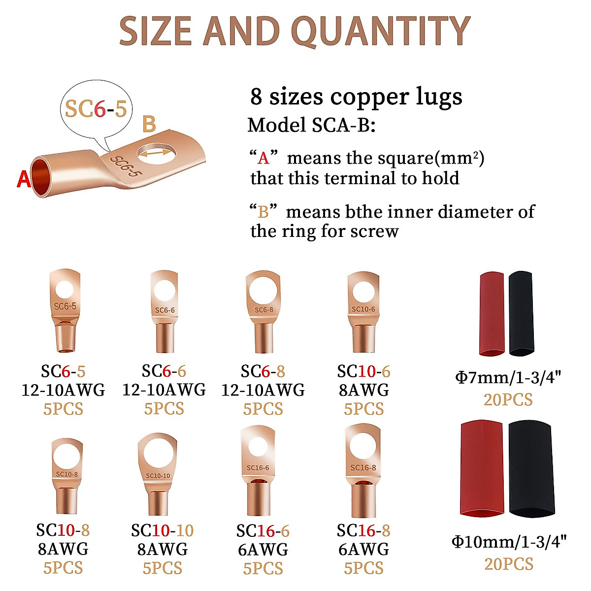 80 Pcs Copper Wire Lugs, Battery Terminal Connectors AWG 8 6 12/10 with Heat Shrink Set, 40 Pcs Heavy Duty Battery Cable Ends Ring Terminals Connectors with 40 Pcs Heat Shrink Tubing Assortment Kit