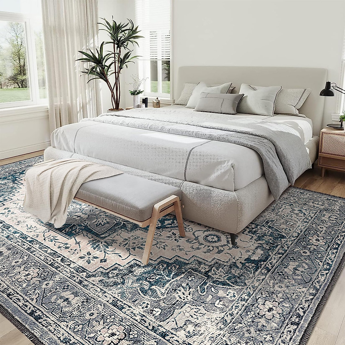 ROYHOME Washable Area Rug 5x7, Vintage Boho Living Room Rug Non-Slip Nursery Rug for Bedroom,Low-Pile Retro Carpet Print Distressed Entryway Rug for Laundry Dining Room Office，5x7