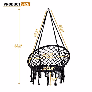 KROFEM Macrame Hammock Hanging Swinging Chair, Perfect for Bedroom, Porch, Kids, Adults, Balcony with Thick Cushion Black (Ceiling Mounting Hardware Not Included)