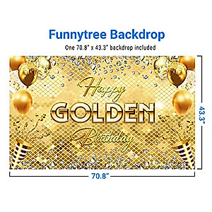 Funnytree 70.8" x 43.3" Happy Golden Birthday Backdrop Gold Shiny Glitter Diamonds Balloons Background Bday Girls Luxury Party Supplies Banner Cake Table Decor Photobooth Props Gifts Fabric