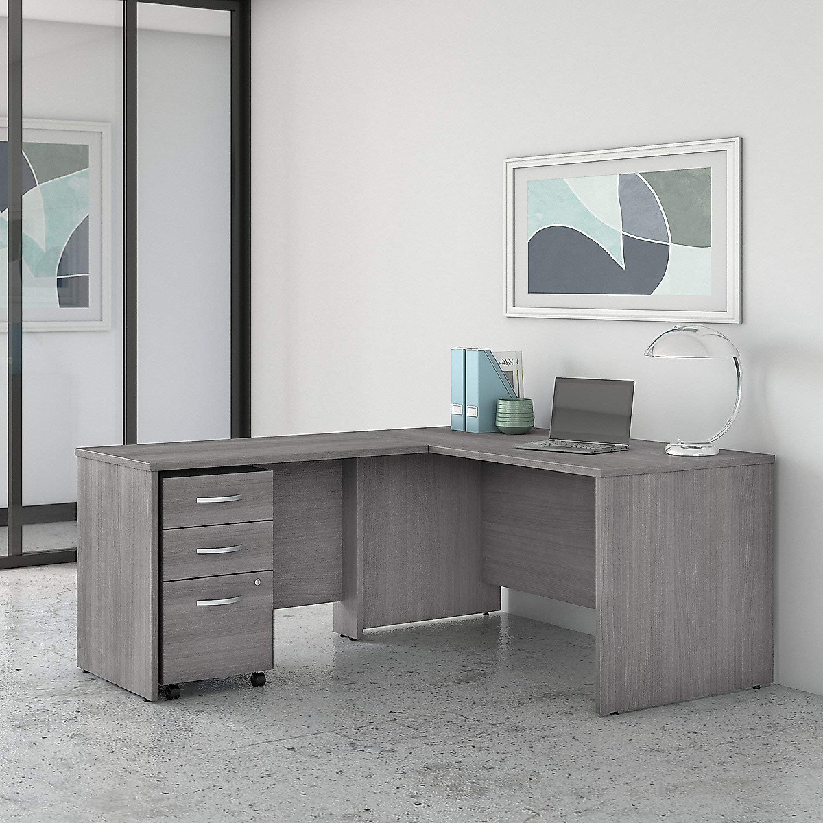 Bush Business Furniture Studio C Collection Desk, Return, Hutch and 3 DWR Mobile Pedestal, Platinum Gray