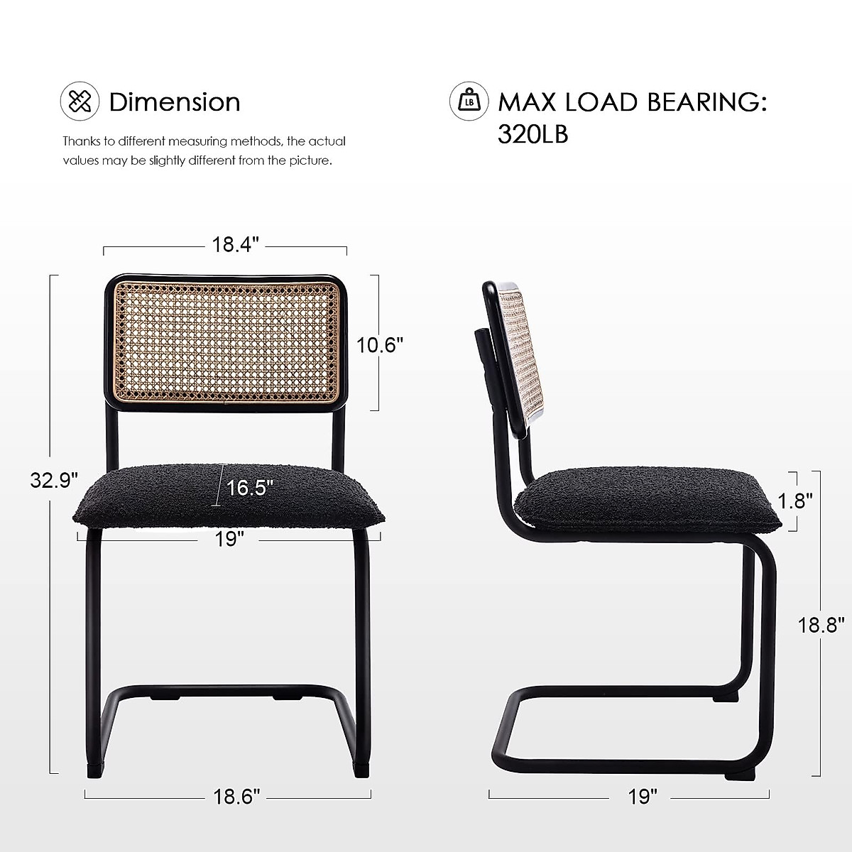 Zesthouse Natural Rattan Dining Chairs Set of 2, Modern Kitchen Chairs with Solid Wood Back for Dining Room Living Room, Mid Century Breuer Design Inspired, Upholstered Boule Fabric, Black