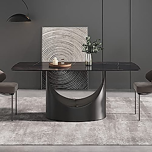 Modern Dining Table, Black Sintered Stone Tabletop Dining Table with Black Carbon Steel Base, 70.8" Rectangular Dining Table for 6-8