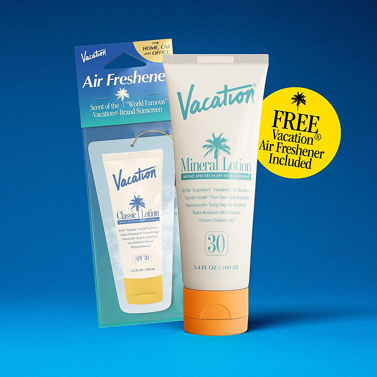 Vacation Mineral Lotion Sunscreen SPF 30 & Air Freshener Bundle, Non-Nano Zinc Oxide Formula, No White Cast, Water-Resistant, Dermatologist-Tested, Vegan, Travel Size, 3.4 Fl. Oz.