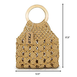 QTKJ Boho Women's Summer Beach Straw Crochet Bag Hollow Out Hand-Woven Cotton Tote Bag Purse with Wooden Round Handle (Khaki)