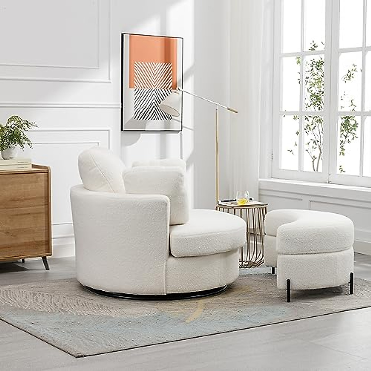 360° Swivel Accent Barrel Chair and Half Crescent Moon Storage Bench Large Ottoman with 4 Pillows,Upholstered Oversized Leisure Round Loveseat Recliner Sofa Chaise Lounge Circle Armchair for Club