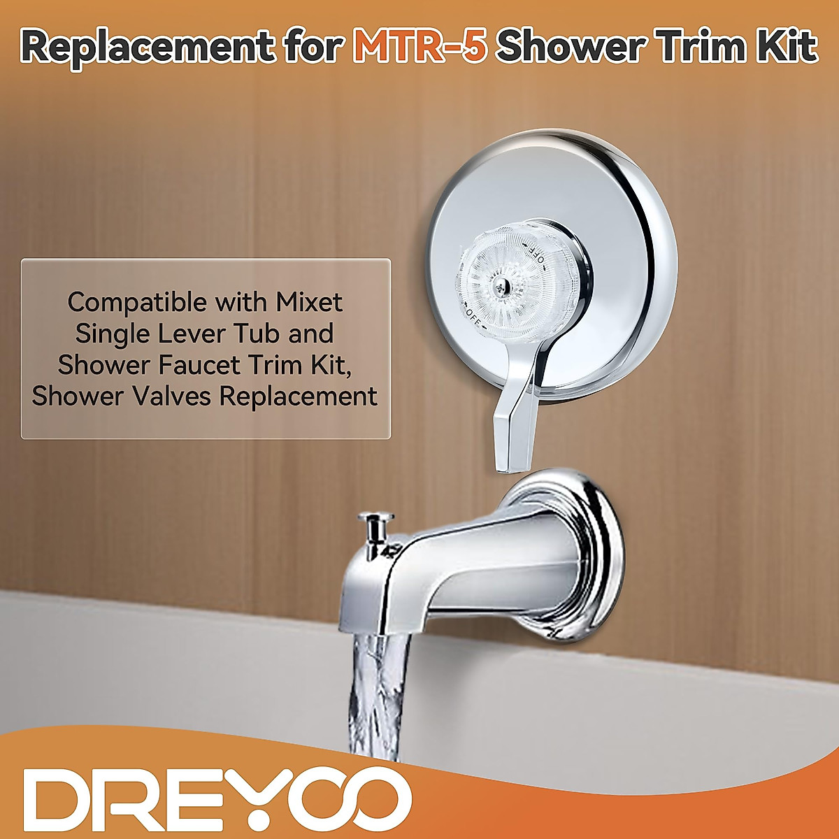 Dreyoo Replacement for MTR-5 Shower Trim Kit, Compatible with Mixet Tub and Shower Knob Replacement, 5-1/2 OD Escutcheon, Chrome Temperature Control Handle, Clear Volume Control Handle