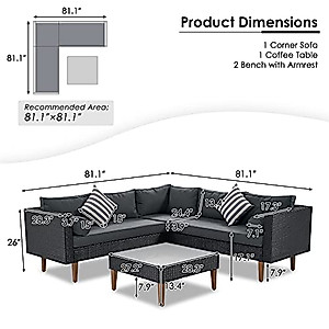 GLIFRON Outdoor Patio Furniture 4-Piece All Weather PE Brown Rattan L-Shaped Sectional Sofa Conversation Set with Colorful Pillows, Beige Cushions & Glass Coffee Table for Porch Lawn Garden