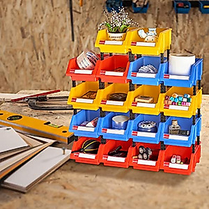 Organizer Bins Plastic Storage Bins Tool Storage Bins Stacking storage bins(Blue&Red&Yellow,4 Per Color)
