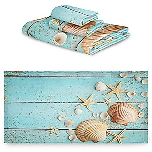 Naanle 3D Wooden Board Starfish Shells Summer Soft Luxury Decorative Set of 3 Towels, 1 Bath Towel+1 Hand Towel+1 Washcloth, Multipurpose for Bathroom, Hotel, Gym, Spa and Kitchen