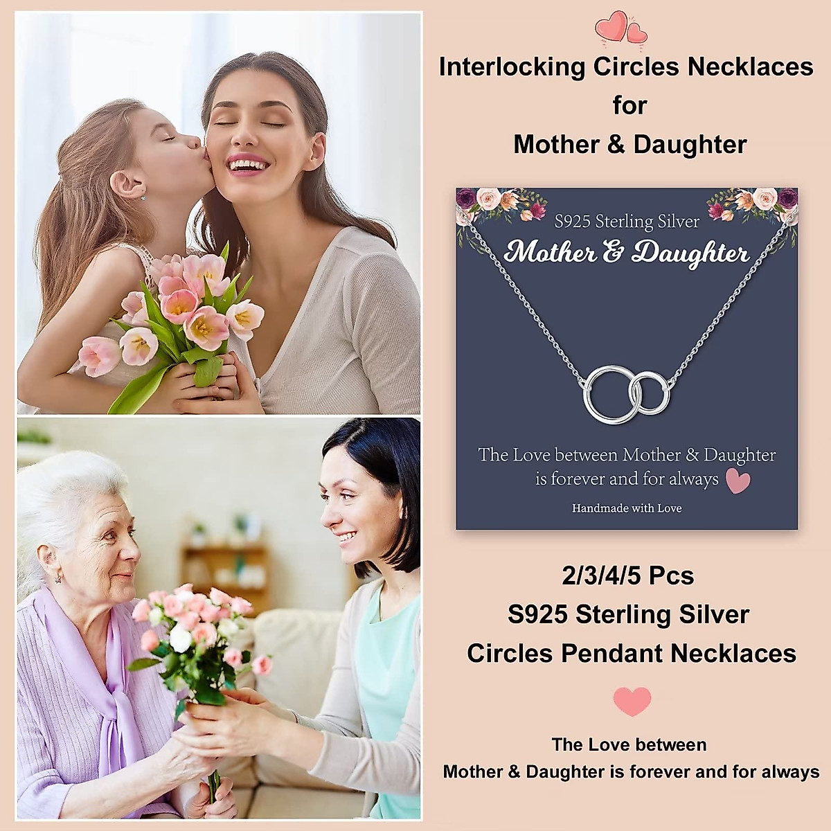 STORUP Mother Daughter Matching Necklace, Mom Daughter Necklace Set Mothers Day Gifts for Mom Daughter Interlocking Circles Necklaces Jewelry Mom Gifts from Daughters Birthday Gifts for Mom Daughter
