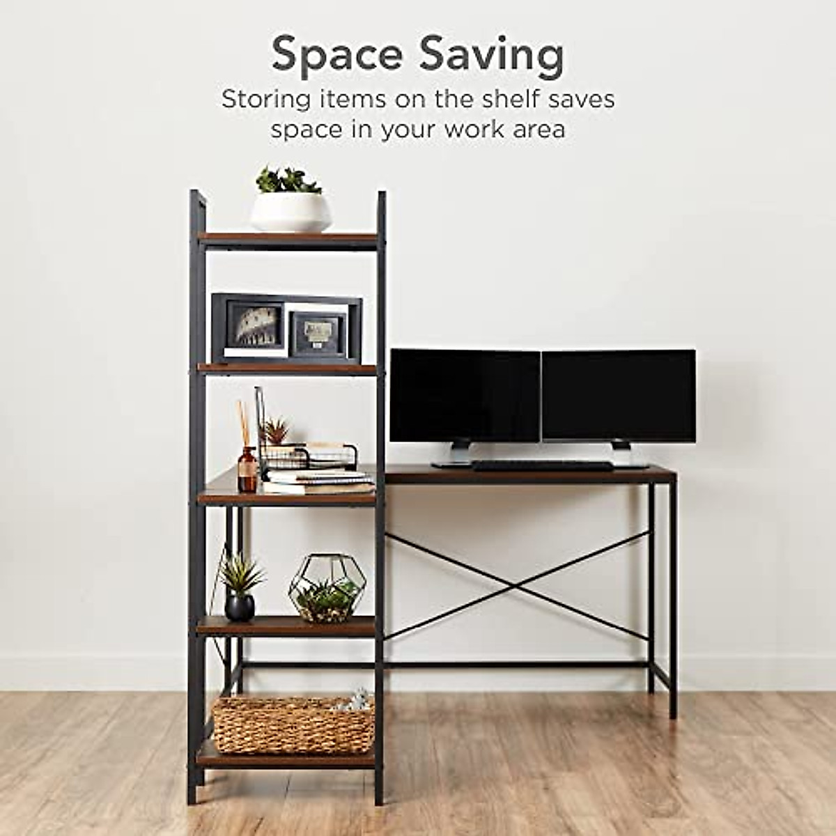Best Choice Products L-Shaped Corner Computer Desk, Large Study Workstation Furniture w/Multifunctional 5-Tier Open Storage Bookshelves, Custom Setup for Home, Office - Brown/Black