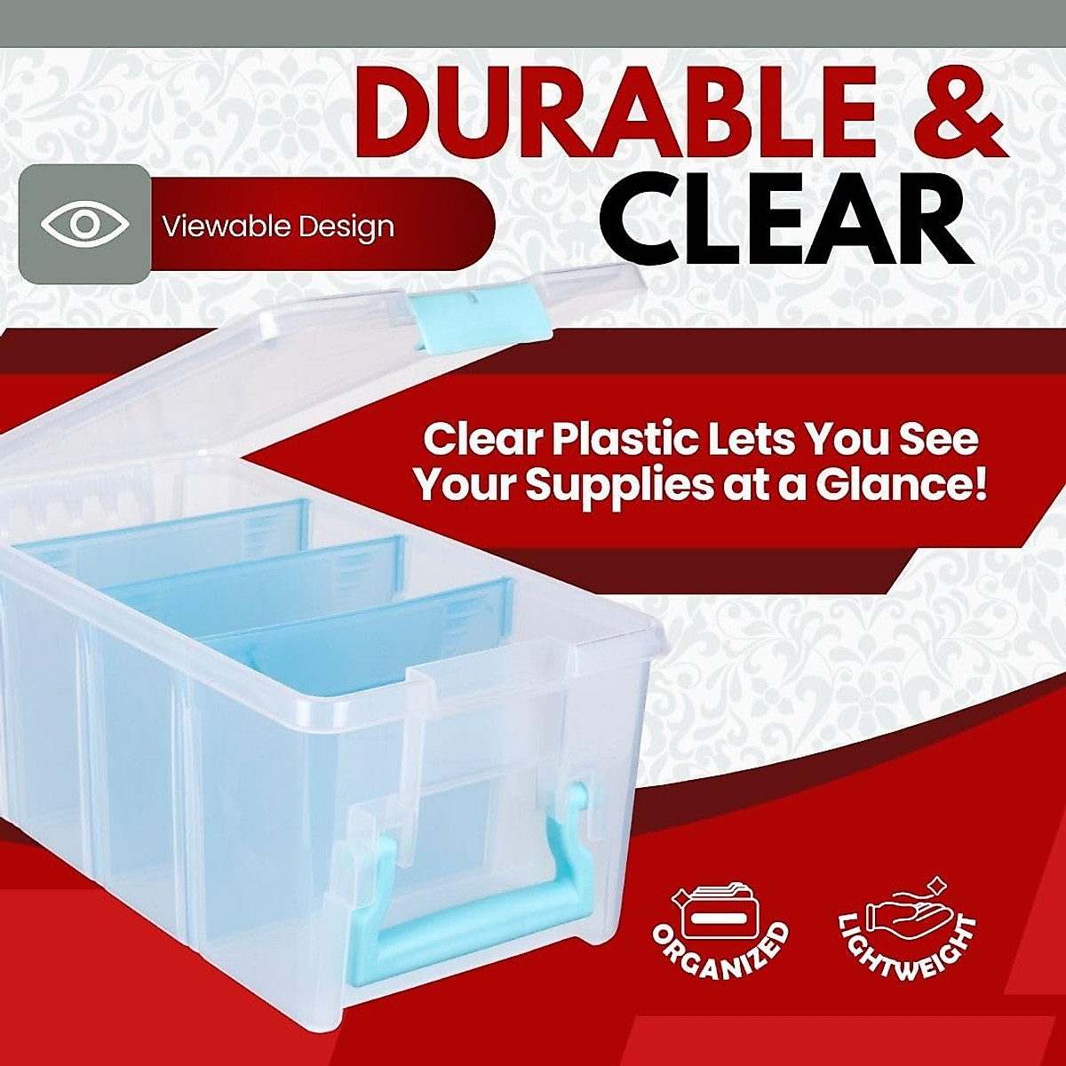 saizone 6925AA Semi Satchel with Removable Dividers, Portable Art & Craft Organizer with Handle, [1] Plastic Storage Case, Clear with Aqua Accents