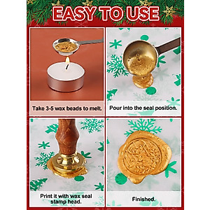 Christmas Wax Seal Stamp Kit Lanstics Wax Seal Stamp Brass Head, 200Pcs Sealing Wax Beads in 4 Colors, Wooden Hilt, Melting Spoon, Tea Candles for Cards Envelopes, Gift Packaging