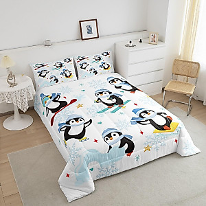 Winter Snowflake New Year Bed Comforter Set Queen Size,Cute Cartoon Skiing Penguin Super Soft Microfiber Bedding Set for Girls Boys,Merry Christmas Theme Decorative Quilter Set