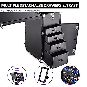 Bei Cheng Rolling Manicure Desk Makeup Train Case Travel Cosmetic Trolley Storage Organizer Nail Tables for Technician Workstation Makeup Salon with 4 Drawers Mirror & Speaker Black