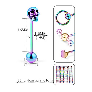 Leiainely Tongue Rings Piercing Jewelry for Women Men Work 14g 14 Gauge Cute Green Rainbow Surgical Stainless Steel Metal Clear Plastic Acrylic Silicone Para La Lengua Aretes Tounge Barbell Balls Set