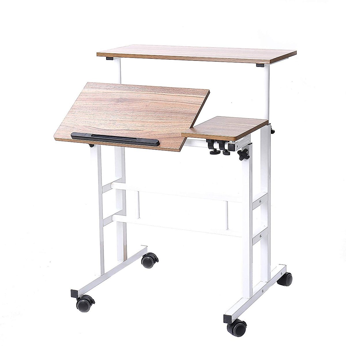 DlandHome Adjustable Rolling Desk Standing Desk, Sit-Stand Desk Cart Mobile Computer Desk Stand Up Desk Office Desk Riser Standing Table Workstation Mobile Desk, Oak
