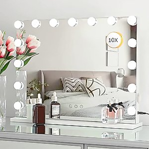 Kucitup Lighted Vanity Mirror with 10X Magnification, 15 Dimmable LED Bulbs, Touch Controls - Wall or Tabletop