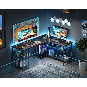 ODK 59" L Shaped Desk with Power Outlet and USB Charging Ports, Reversible L Shaped Computer Desk with Storage Shelves, Home Office Desk, Gaming Desk, Corner Desk, Black