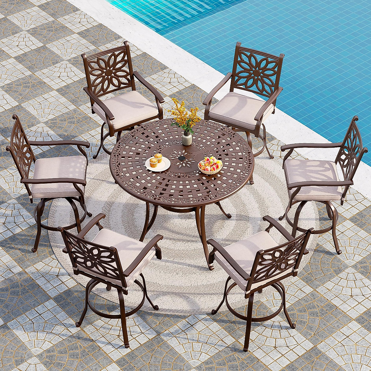 PHI VILLA Cast Aluminum High Bar Dining Set for 6 Person, 7 Piece Outdoor Patio Set with 54" Dia Cast-Top Aluminum Table(2.1" Umbrella Hole) and 6 Outdoor Swivel Bar Stool Chairs with Seat Cushions