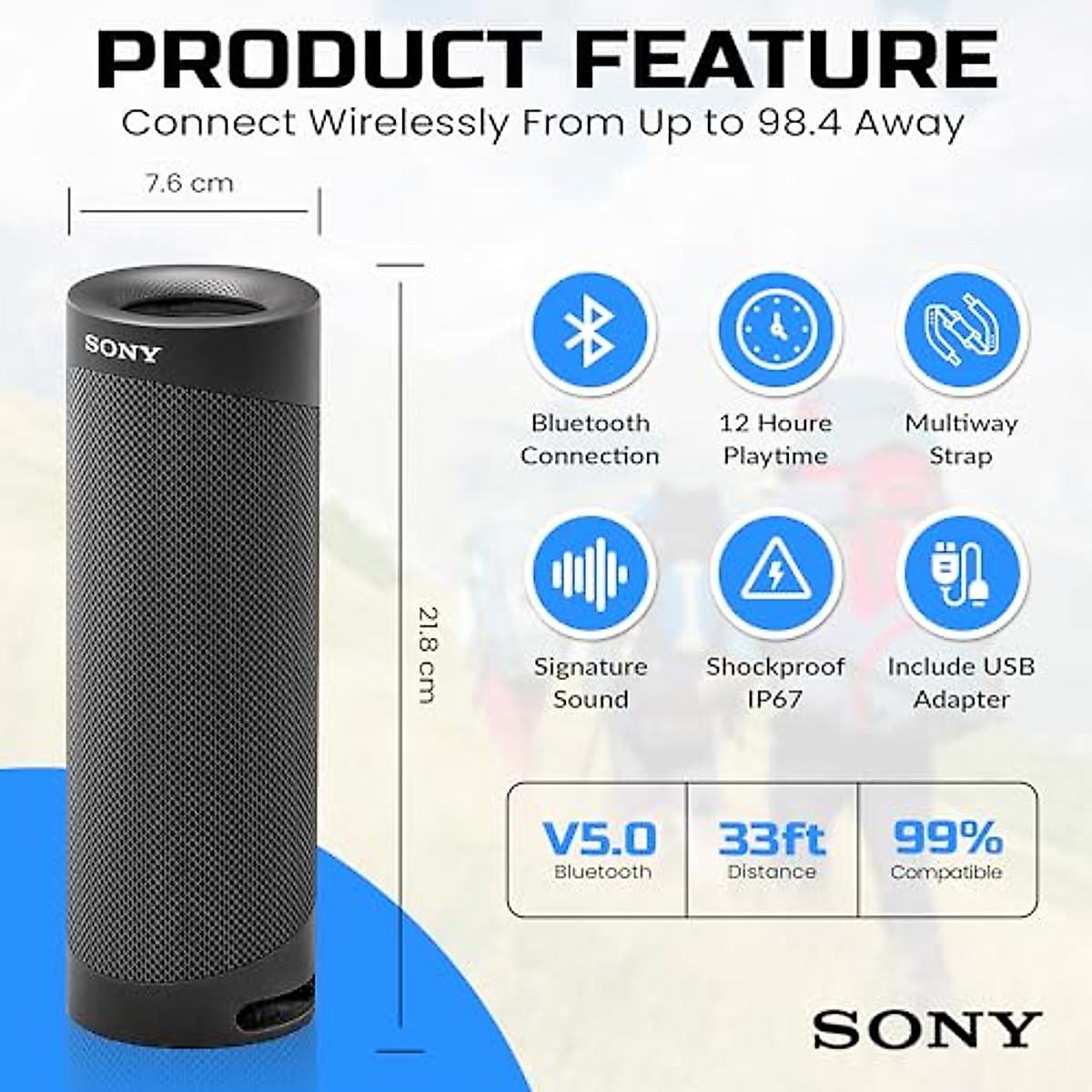 Sony Waterproof Bluetooth Speaker with Extra BASS – Black