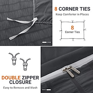 HYMOKEGE Dark Grey Duvet Cover Queen Size, Ultra Soft & Breathable 3PC Seersucker Duvet Cover Set with Zipper Closure & Corner Ties–Includes 1 Duvet Cover (90"x90") & 2 Pillowcases