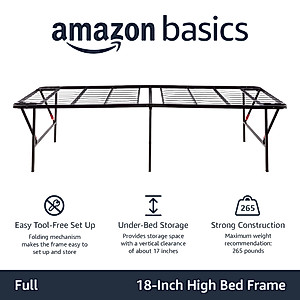 Amazon Basics Foldable Metal Platform Bed Frame with Tool Free Setup, Sturdy Steel Frame, No Box Spring Needed, Full, Black, 75 x 54 x 18 inches (LxWxH)