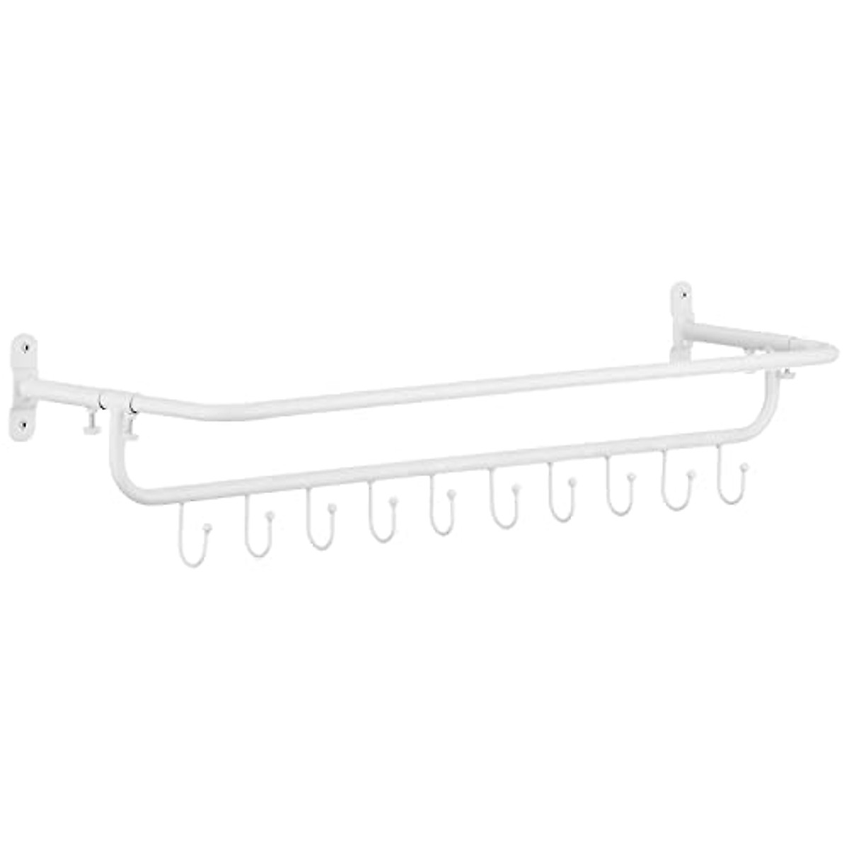 mDesign Metal Wall Mount Equipment Storage Rack and Organizer for Garage Organization; 10 Heavy Duty Accessory Hooks, Overhead Storage Space; Holds Sports Equipment; Garden and Lawn Tools - White