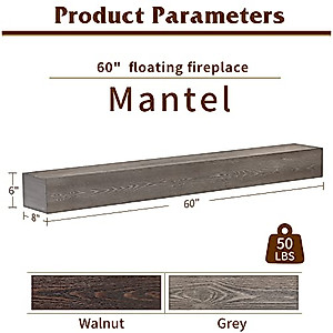 Fireplace Mantel | 60" W Wood Floating Shelves | Handcrafted Hollow Distressed Beam | Wall Mounted Wooden Display Shelfing | with Invisible Heavy Duty Hanging Wood Bracket | 60W x 6H x 8D, Ash Gray