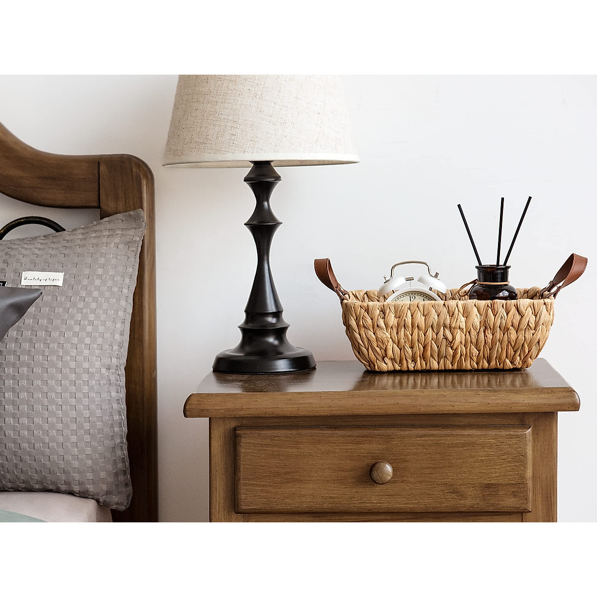 Labcosi Small Wicker Baskets for Organizing, Handwoven Toilet Paper Baskets for Toilet Tank, Water Hyacinth Bathroom Baskets with Faux Leather Handles, Baskets for Gift Empty, Set of 2