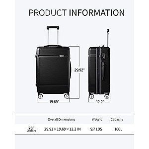 Zitahli Luggage, Expandable Suitcase Checked Luggage, Hardside Luggage with TSA Lock Spinner Wheels YKK zippers, 28in (Black)