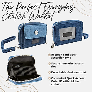 WalletBe Women's Wallet RFID Cash Card Coin Accordion Clutch with Wristlet Blue Denim