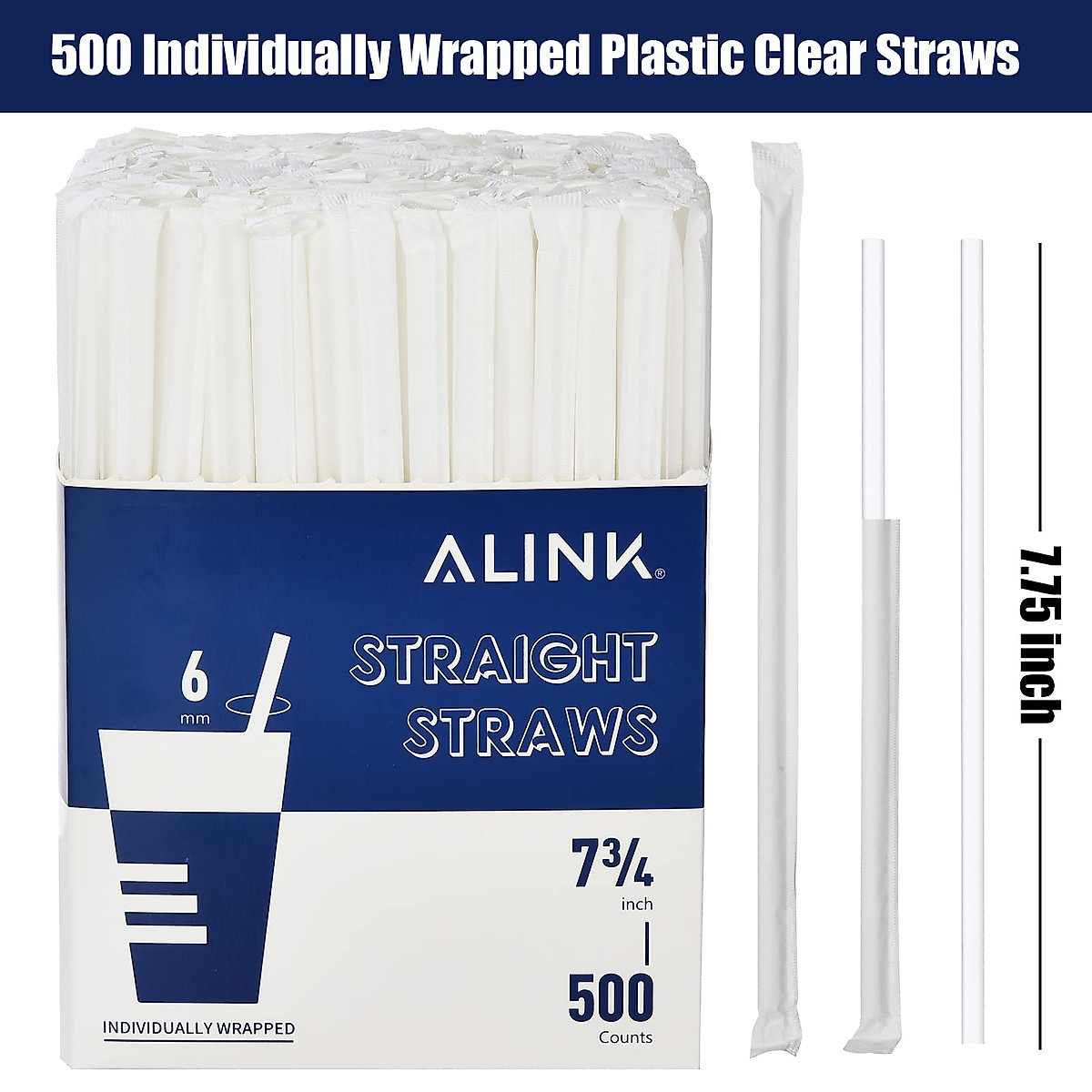 ALINK 500-Pack Clear Plastic Drinking Straws, Individually Wrapped Plastic Disposable Straight Party Straws - 7.75" x 0.23"