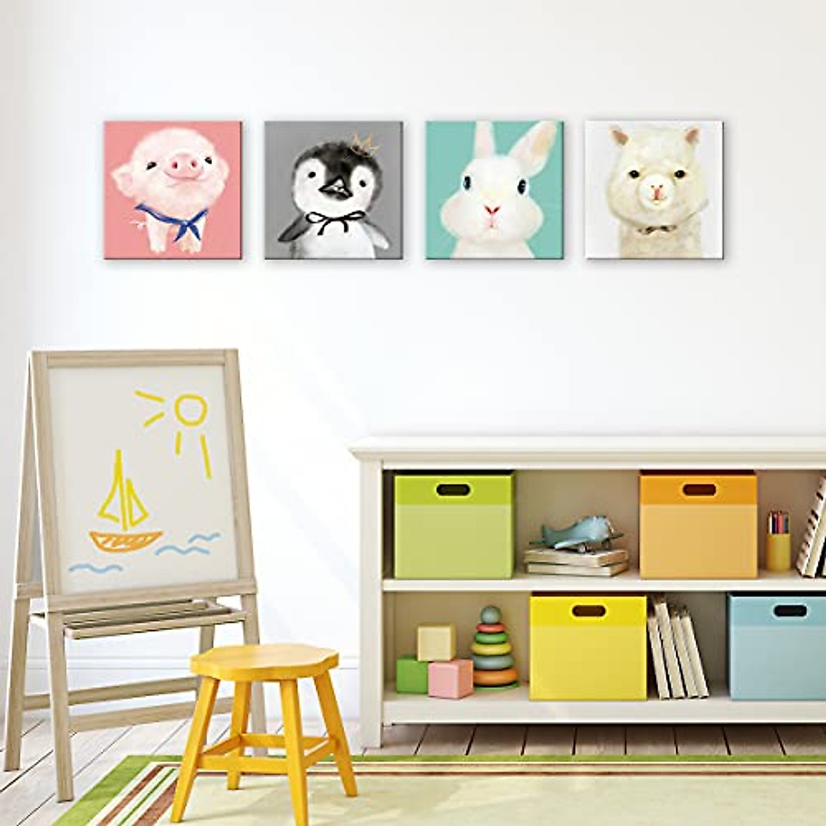 Merrleem Kids Canvas Wall Art Prints Colourful Animals Wall Decor Picture Painting for Baby Room Bedroom Nursery Decor (12"x12"x4pcs)