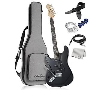 Ashthorpe 39-Inch Left Handed Electric Guitar (Black-Black), Full-Size Guitar Kit with Padded Gig Bag, Tremolo Bar, Strap, Strings, Cable, Cloth, Picks
