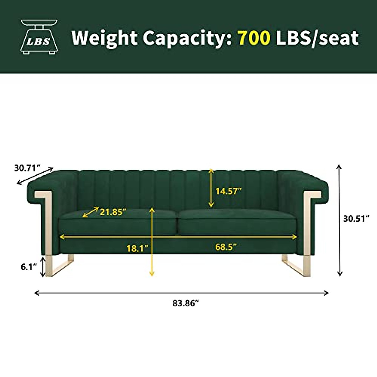 Magic Home 83.85 Inch Velvet Sofa Couch,Mid-Century Loveseat Sofa, Upholstered Living Room Sofa with Removable Cushion for Living Room Bedroom Apartment (Green)