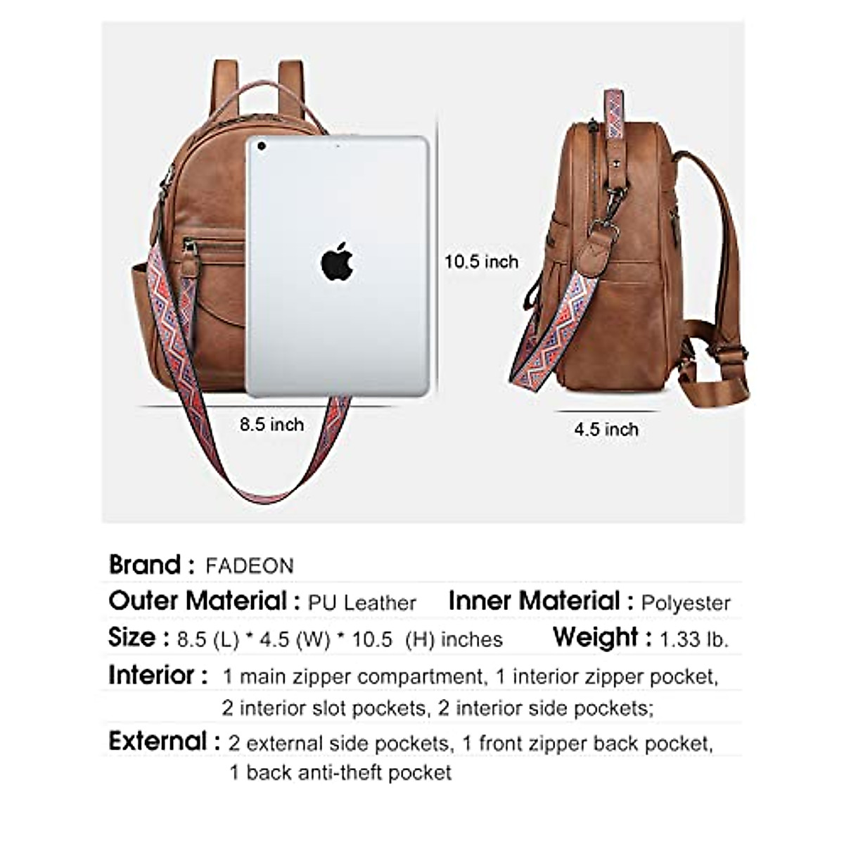FADEON Mini Backpack Purse for Women, Designer Leather Cute Roomly Small Backpacks, Ladies Shoulder Backpack Fashion Handbag
