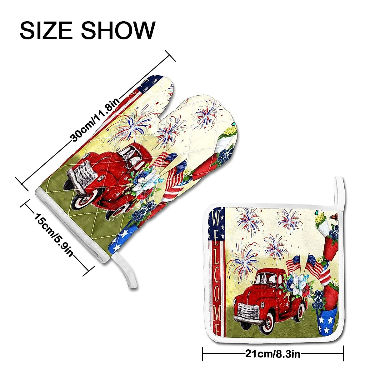 Oven Mitts and Pot Holders Kitchen Gloves Non Slip Oven Mitts and Hot Pads BBQ Gloves Oven Mitts and Hot Pads for Kitchen Cooking Baking Grilling Spring Patriotic Small Red Truck American Flag