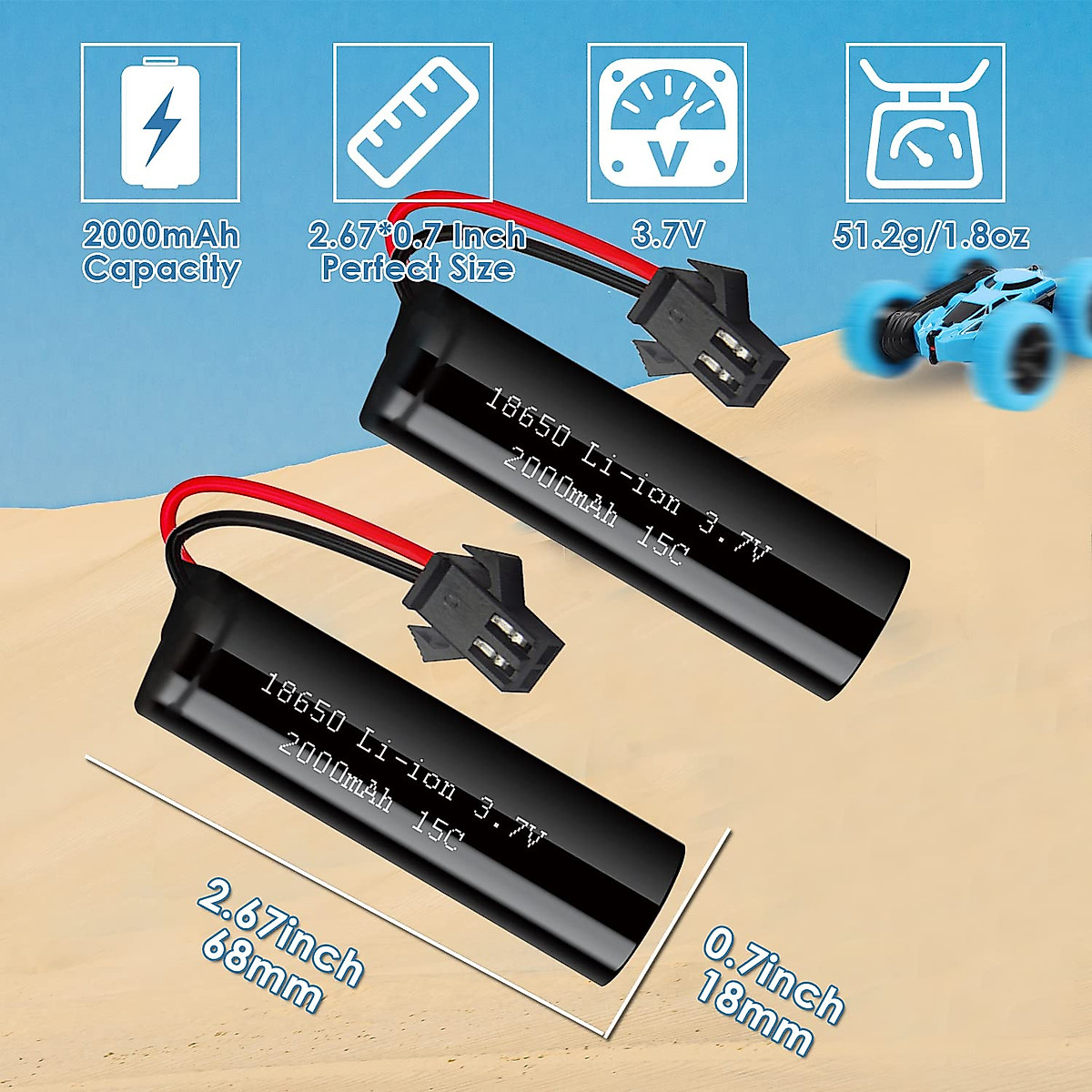VICMILE 3.7V 2000mah Li-ion Battery 2Pack with 2 USB Chargers SM-2P Plug 15C RC Recgargeble Battery Compatible with DE45 DE42 Remote Control Cars