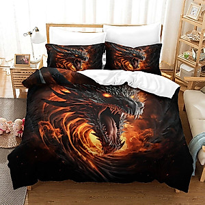 Flame Dragon for Teens And Adults Quilt Cover 3D Print Mythical Creature Comforter Covers Duvet Cover with Pillow Cases Bedding Set Soft Microfiber with Zipper Closure 3 Pieces Queen（228x228cm）