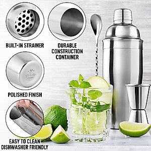 Zulay Kitchen Large 24 oz Stainless Steel Cocktail Shaker Set - Mixed Drink Shaker - Martini Shaker Set with Built in Strainer, Double Sided Jigger & Combo Muddler Mixing Spoon - Pro Margarita Shaker