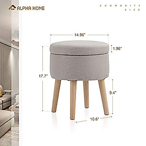ALPHA HOME Round Storage Ottoman with Removable Lid Tufted Vanity Dressing Chair Line Fabric Shoe Change Footrest Stool Side Table Seat Tray Top Coffee Table with Solid Wooden Legs,Beige
