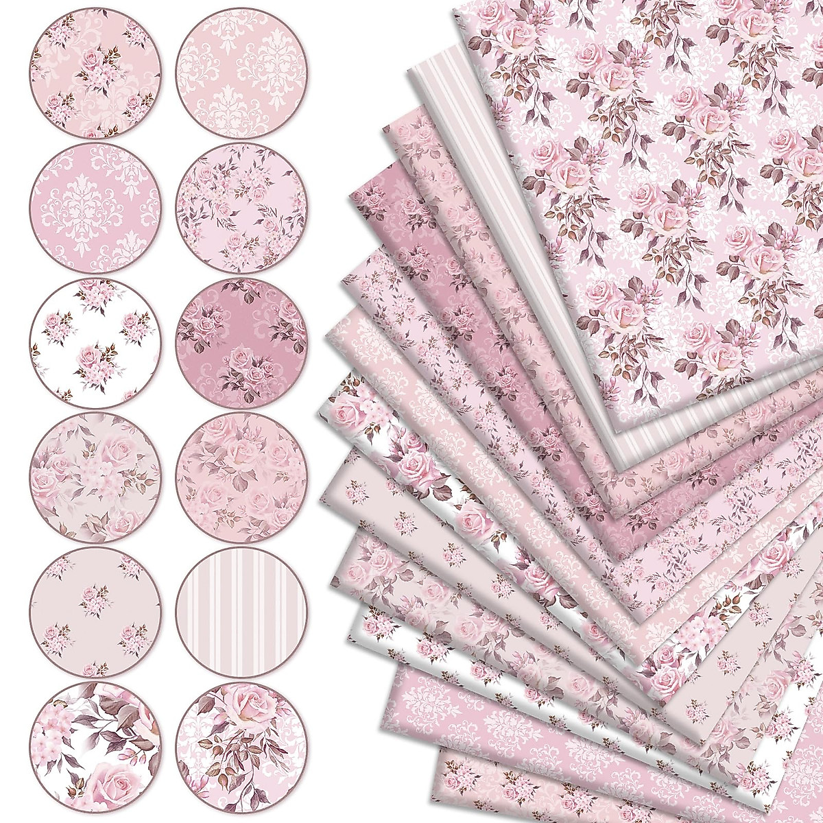 JarThenaAMCS 12Pcs Floral Cotton Fabric Bundles Pink Rose Fat Quarters Retro Flower Quilting Patchwork for Spring DIY Craft Home Party Decor, 18 x 22 Inch