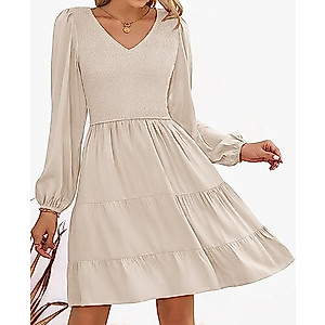 ZESICA Women's Casual V Neck Long Sleeve Smocked High Waist Ruffle A Line Tiered Mini Dress,Beige,Large